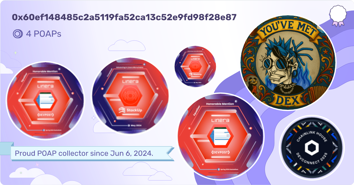 0x60ef148485c2a5119fa52ca13c52e9fd98f28e87 | POAP Collectors